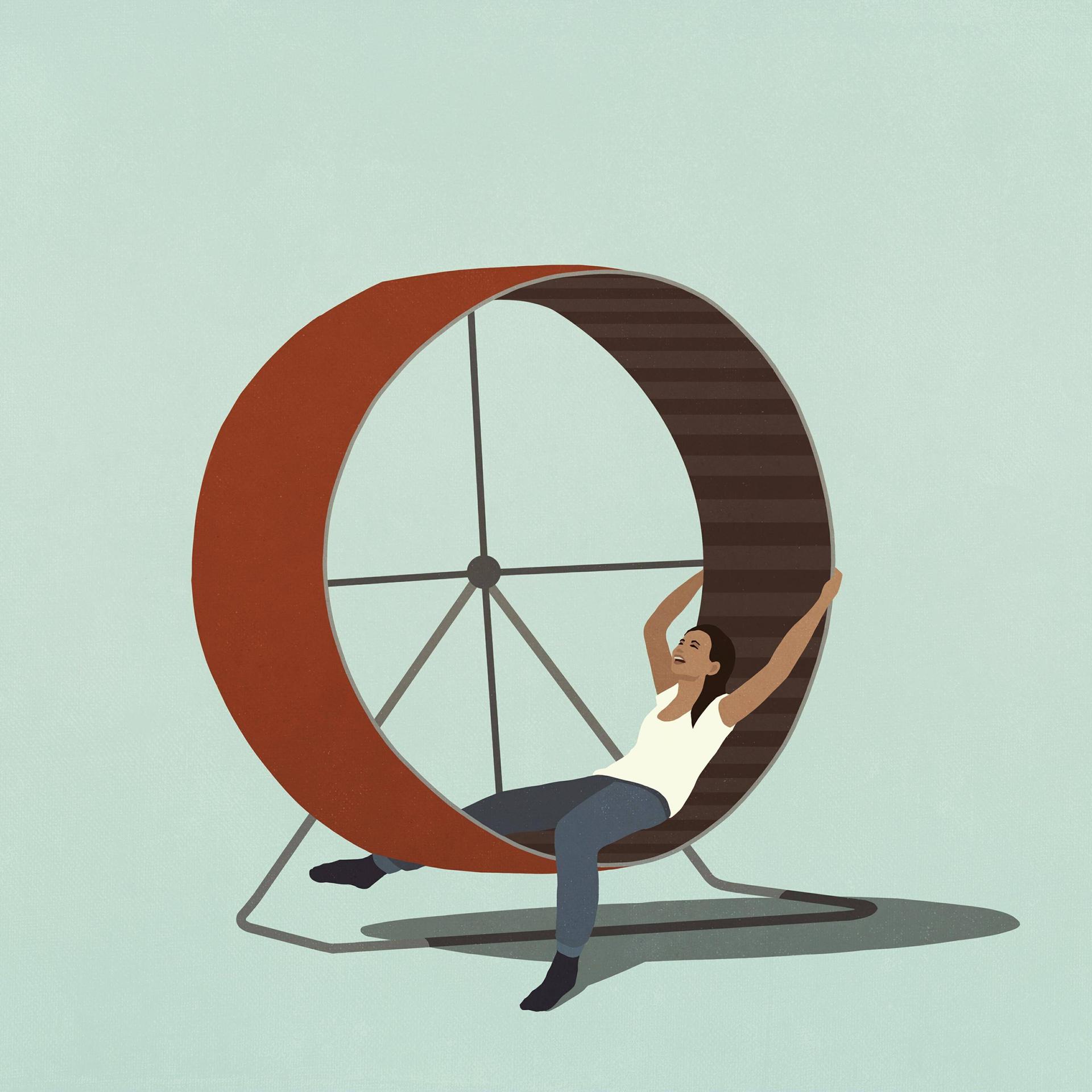 Illustration: Eine müde Person liegt in einem Hamsterrad.