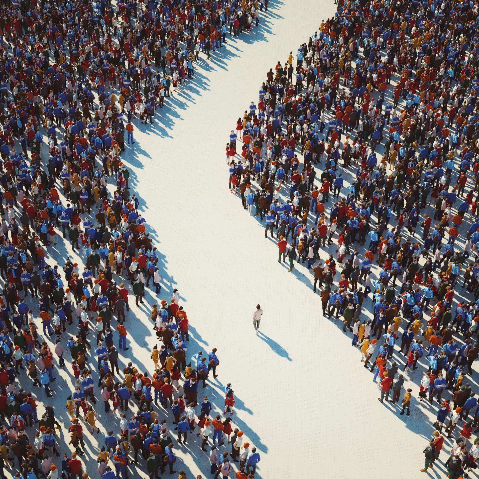 Grafik einer Menschenmenge, die sich in der Mitte teilt. Eine einzelne ...